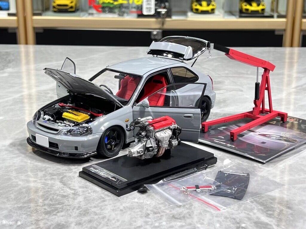 MH 1:18 Grey JDM Civic Type R EK9 B16B Vtec Engine Model Diecast Metal ...